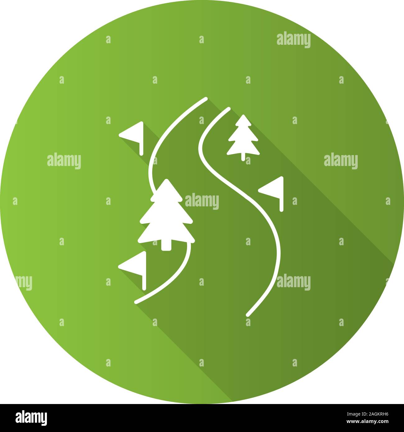 Ski route flat design long shadow glyph icon. Winter forest road ...