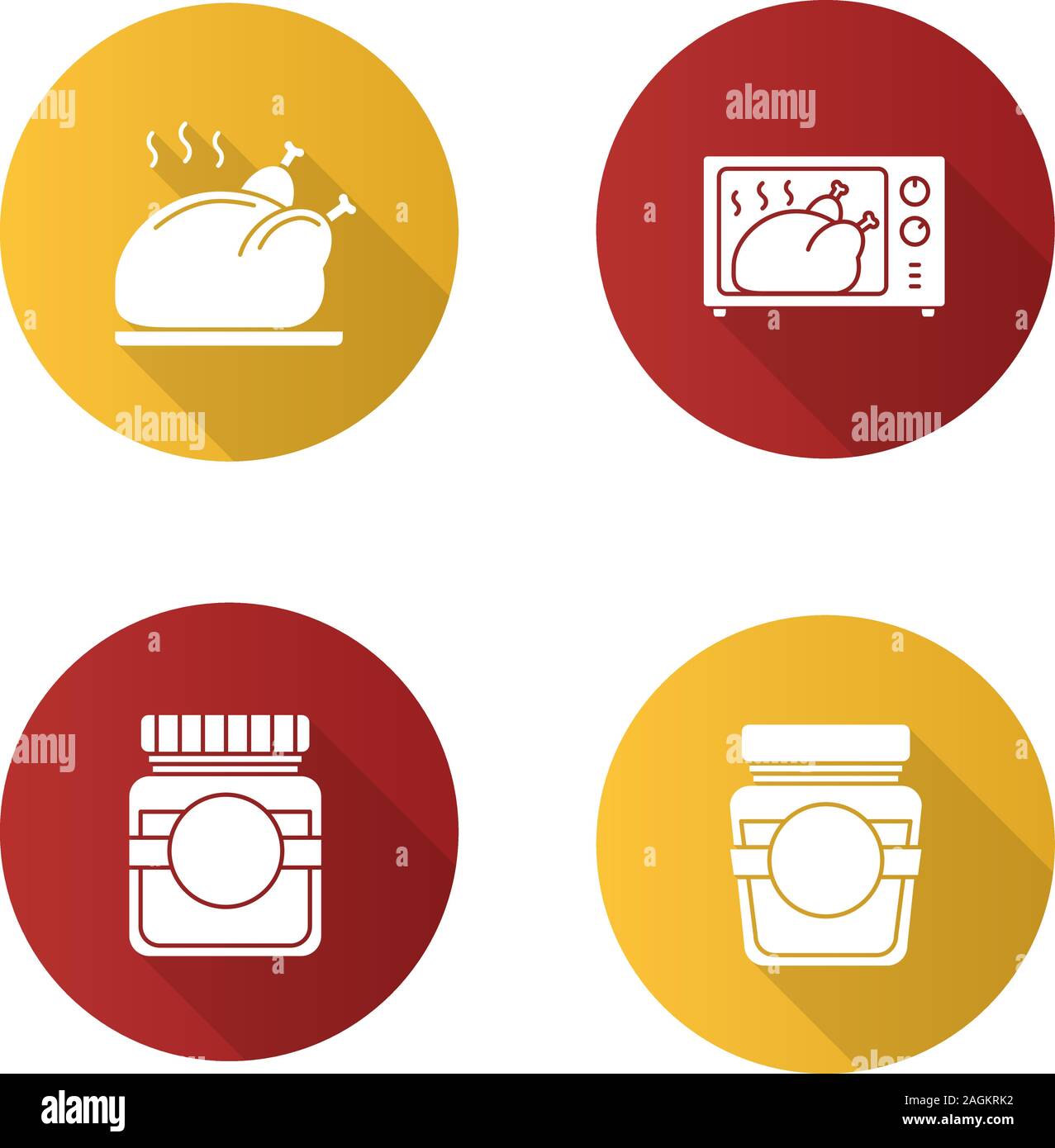 Food flat design long shadow glyph icons set. Fried chicken, cooking in ...