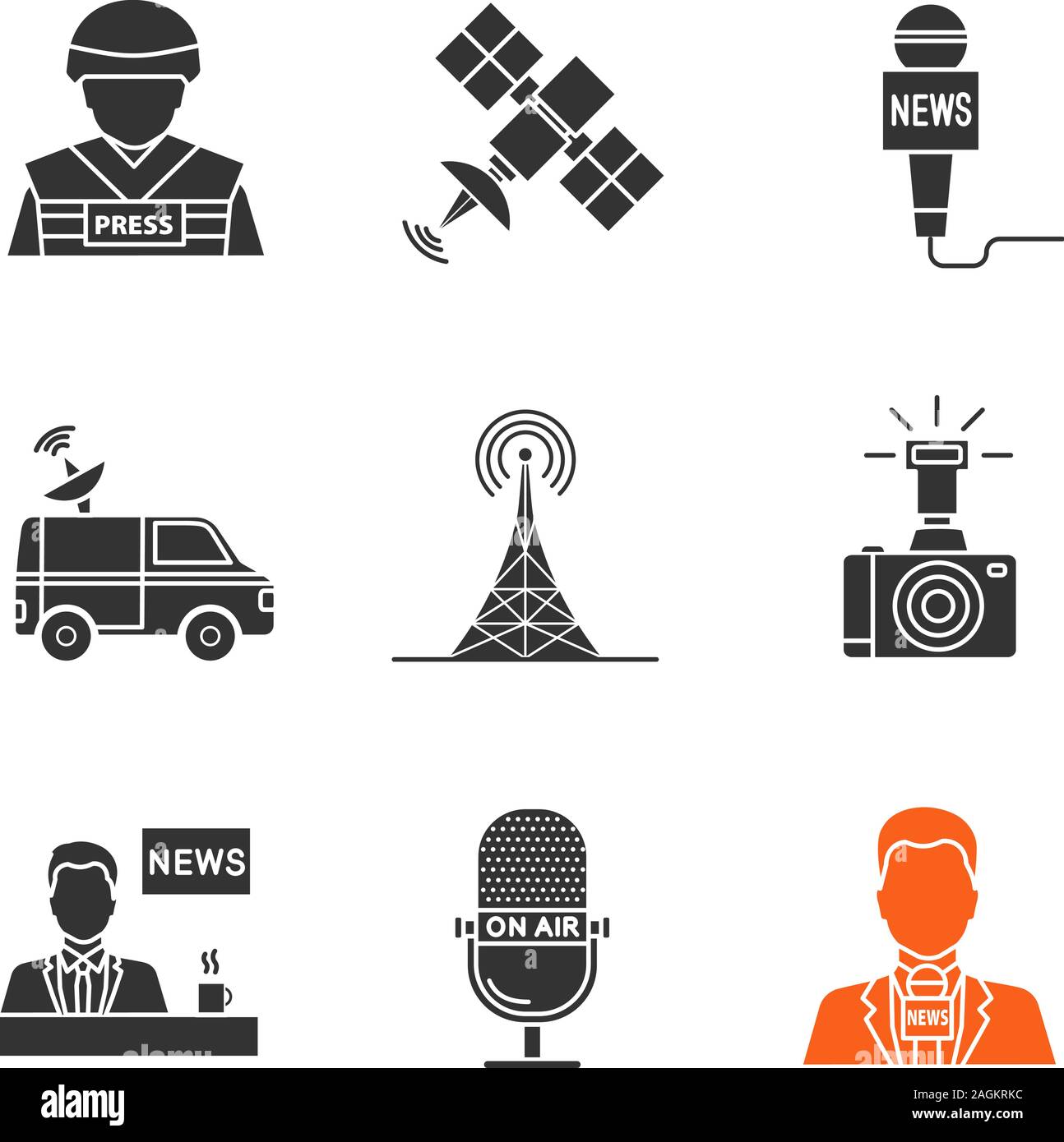 Mass media glyph icons set. Silhouette symbols. Press. War ...