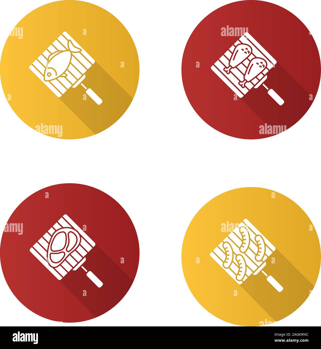 Barbecue flat design long shadow glyph icons set. Hand grills with fish ...