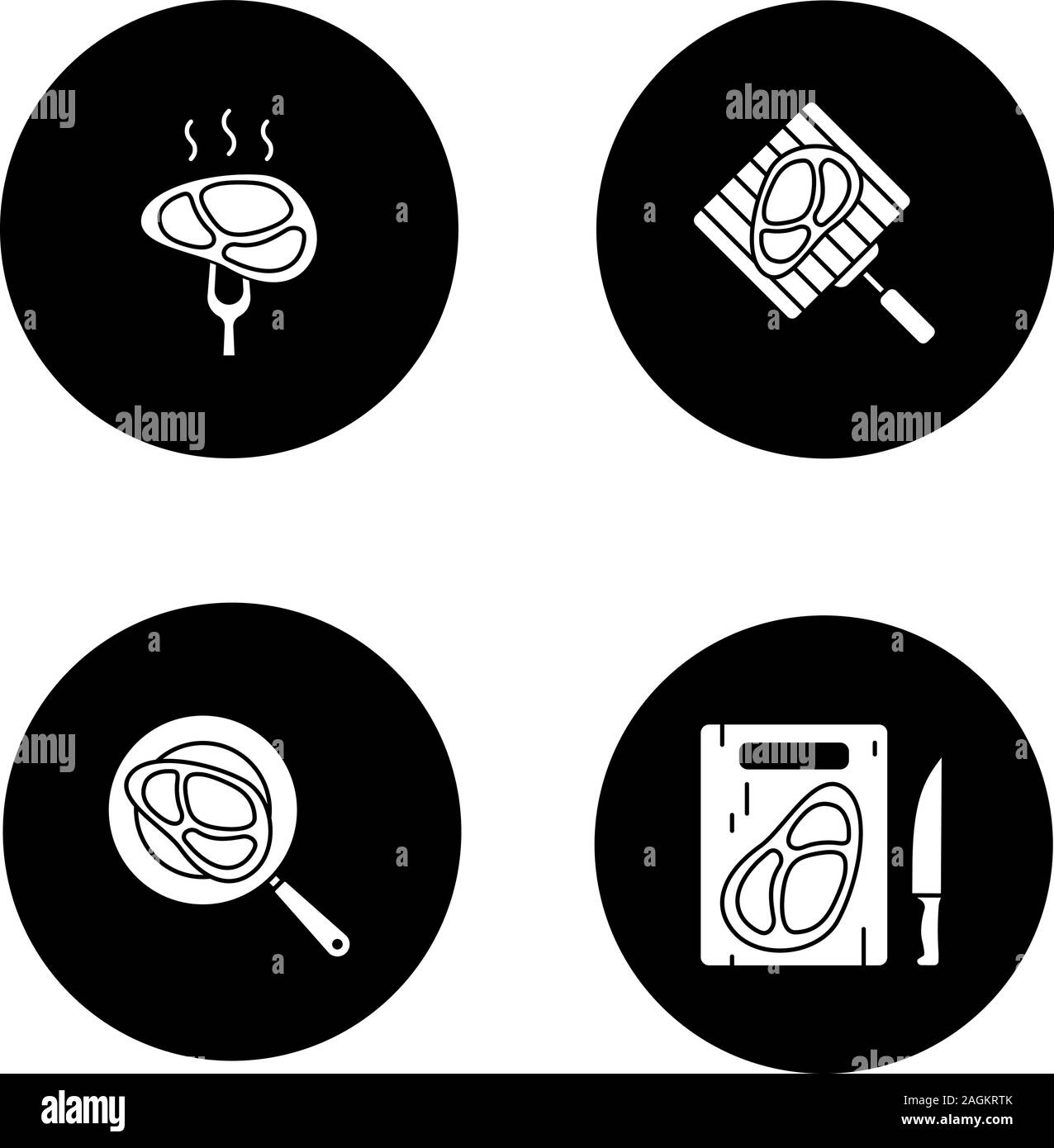 Meat preparation glyph icons set. Grilling, frying and cutting meat ...