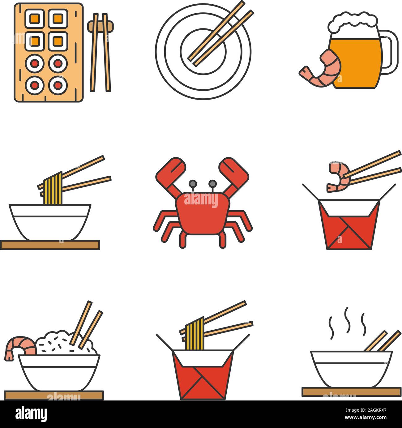 Chinese food color icons set. Sushi, noodles, ramen, fried rice with ...