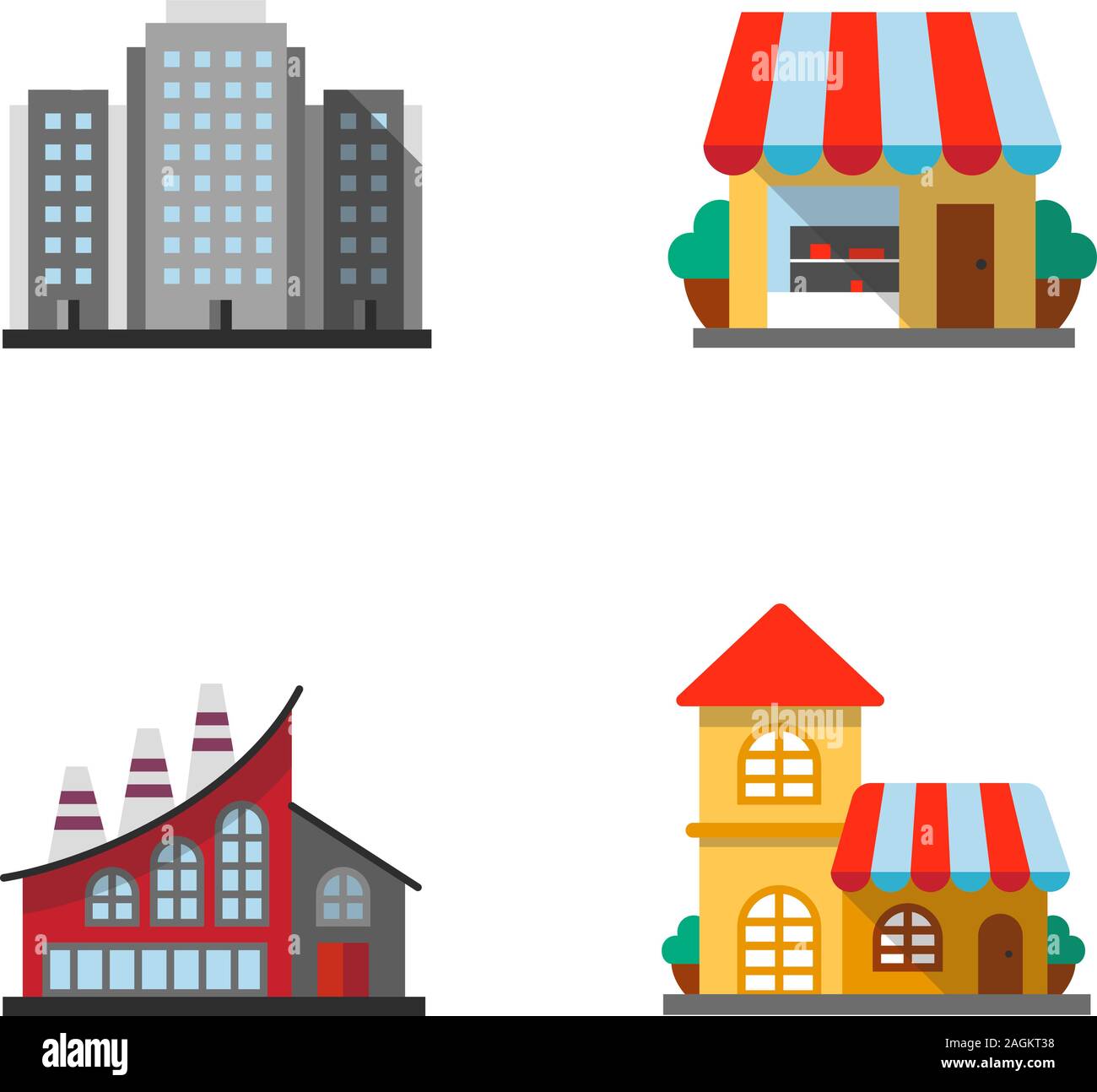 City buildings flat design long shadow color icons set. Multi-storey ...
