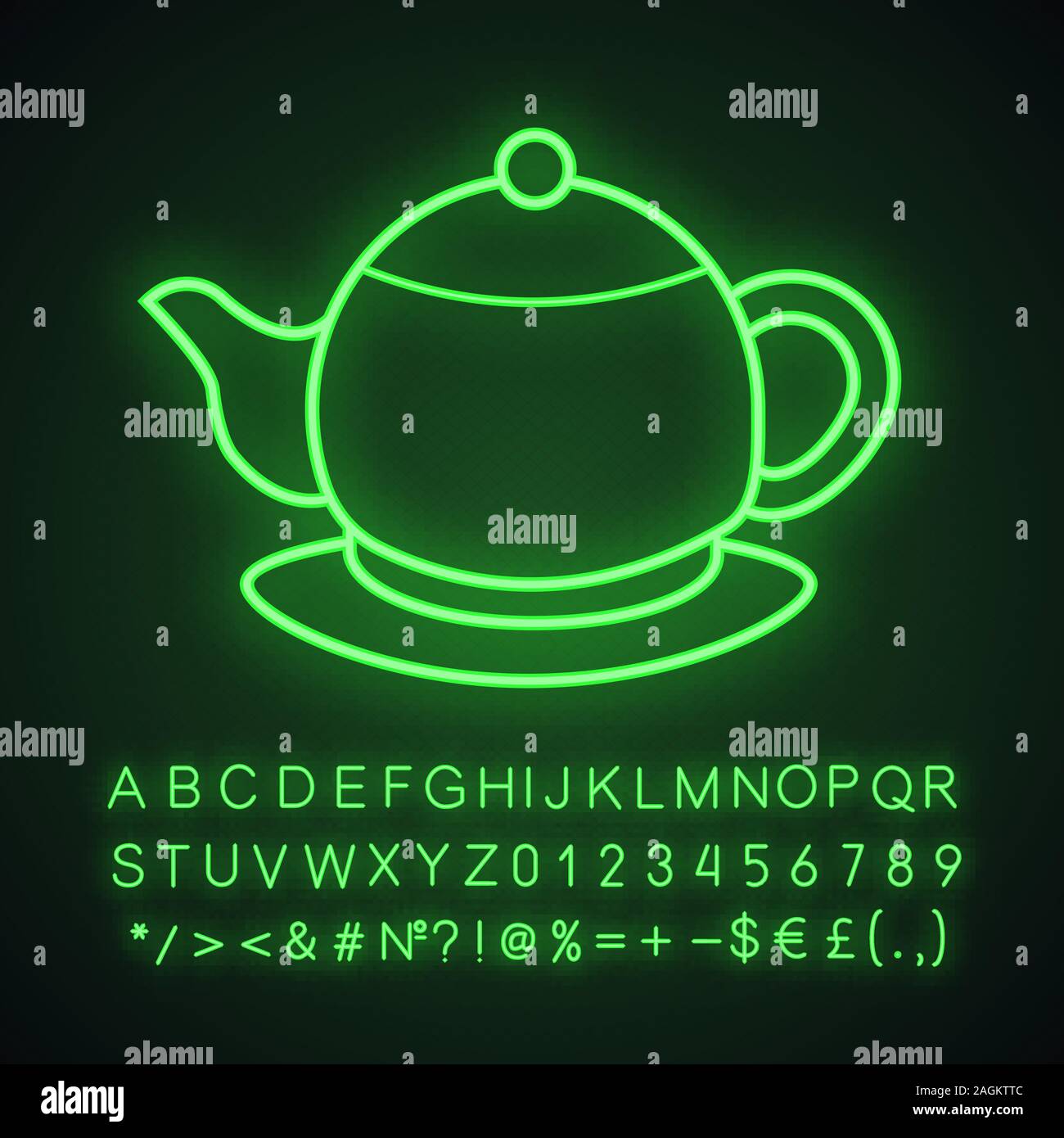 Teapot neon light icon. Tea pot. Glowing sign with alphabet, numbers ...