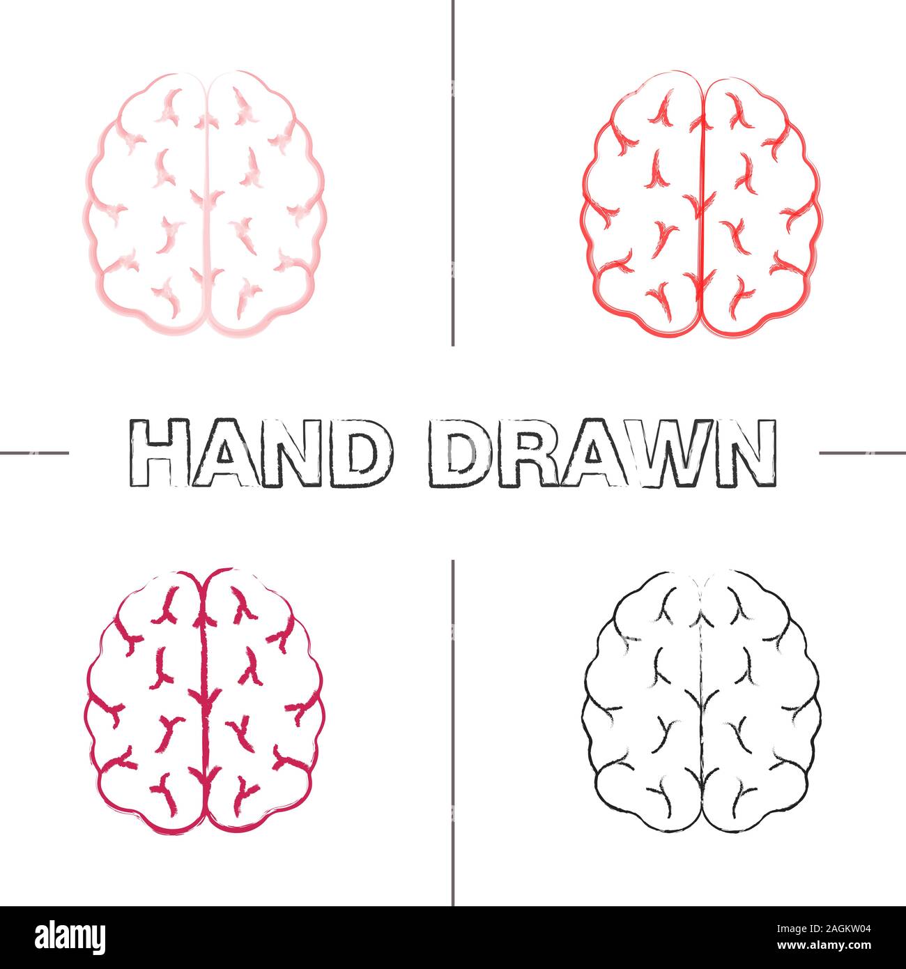 Human brain hand drawn icons set. Nervous system organ. Color brush ...