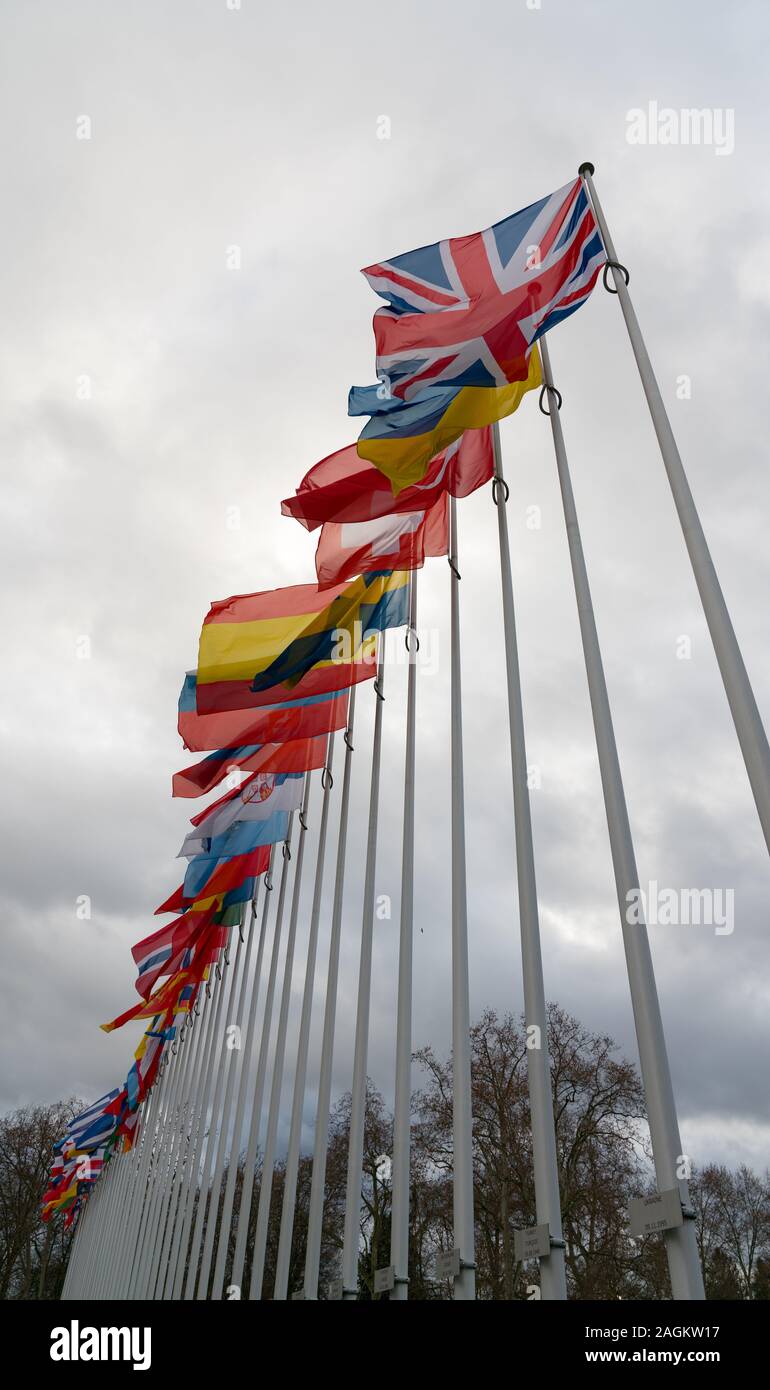 Vertical view of the flags of the Council of Europe with the British ...