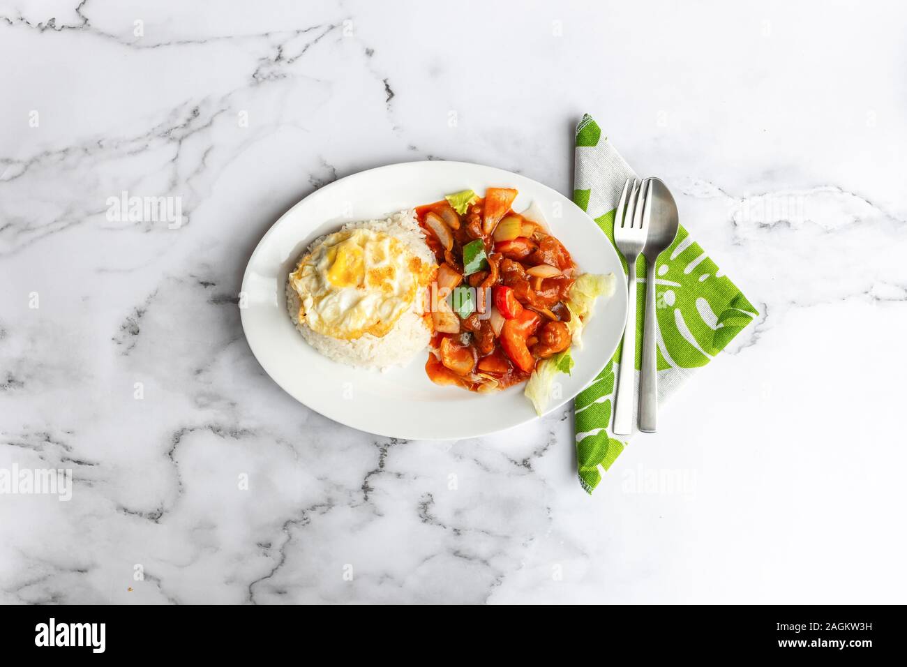 Sweet and Sour Chicken or Fish, fried egg and jasmine Thai rice. Flat ...