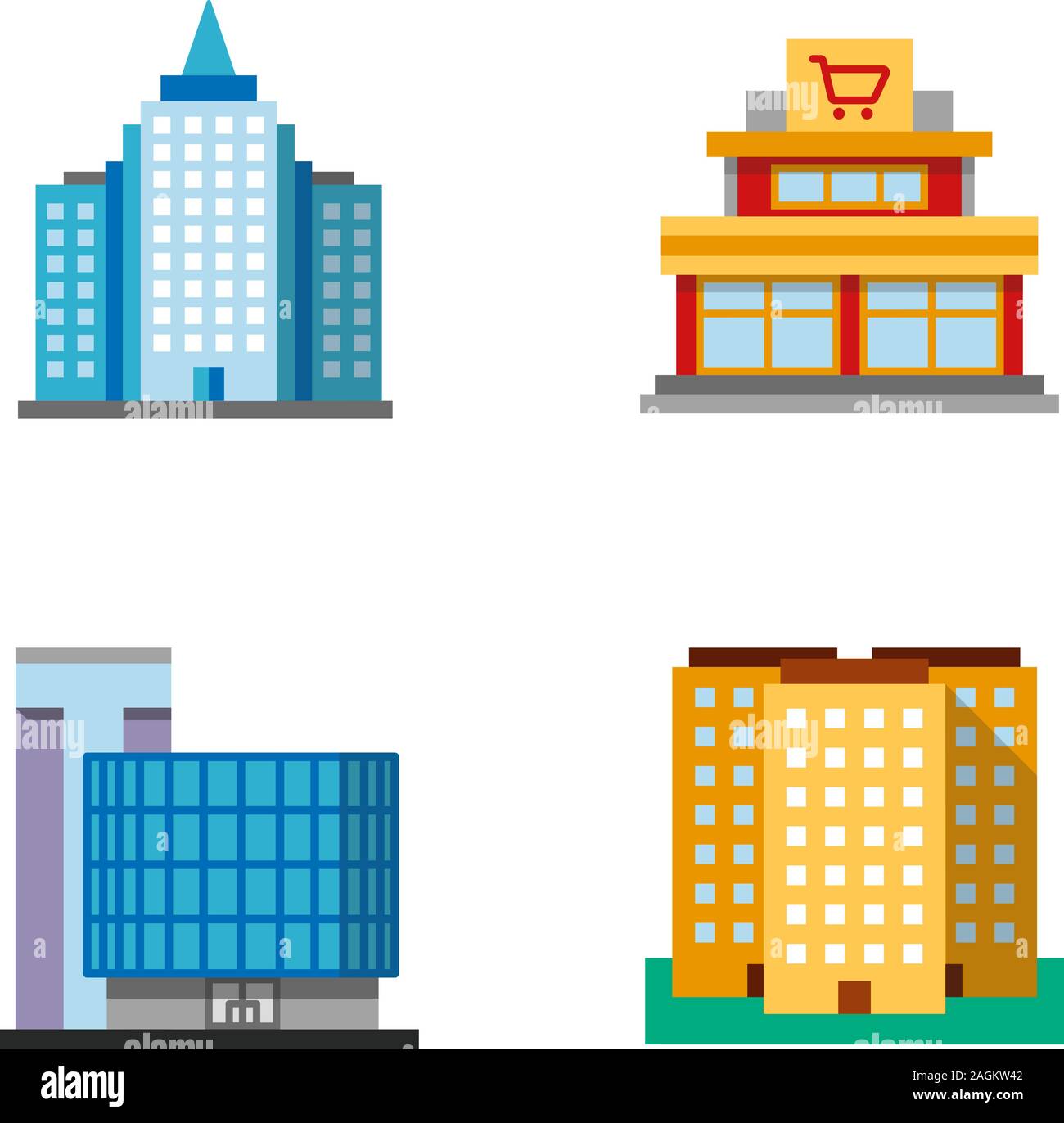 City buildings flat design long shadow color icons set. Multi-storey ...