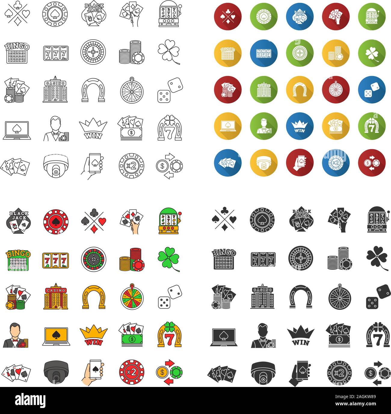 Casino icons set. Gambling. Cards games. Linear, flat design, color and ...