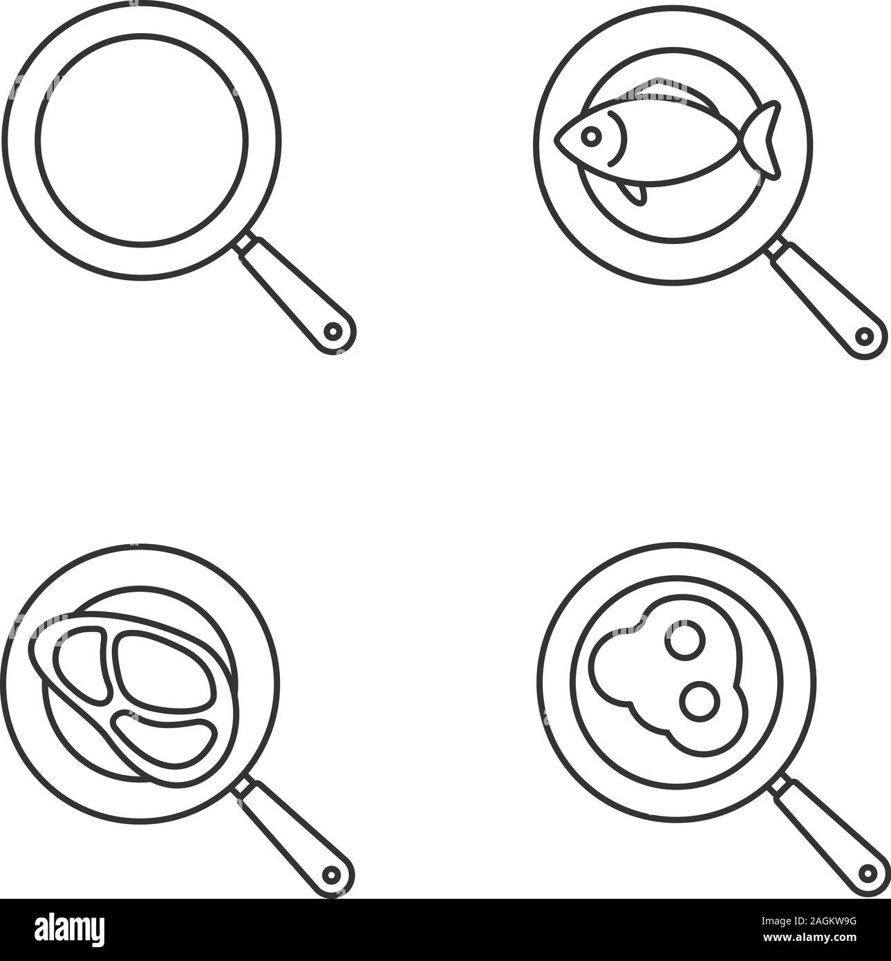 Frying pans linear icons set. Fried fish, eggs and meat steak. Thin ...