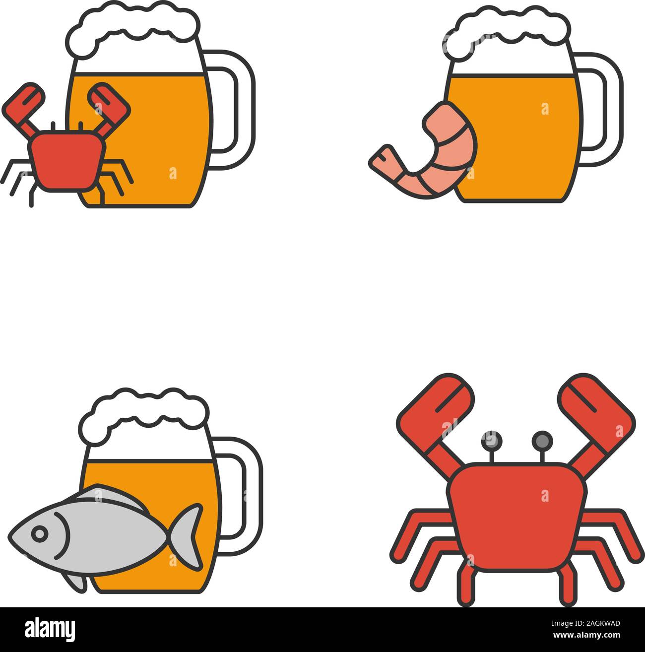 Beer seafood snacks color icons set. Ale with fish, shrimp, crab ...