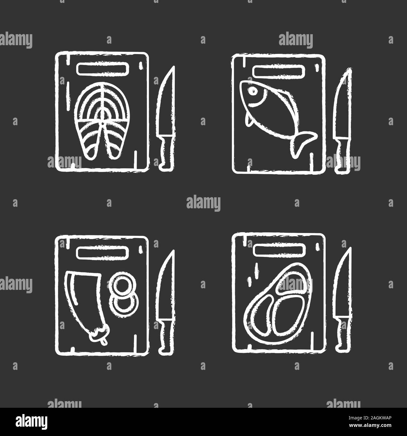 Food cutting chalk icons set. Cutting boards with salmon fish, eggplant ...