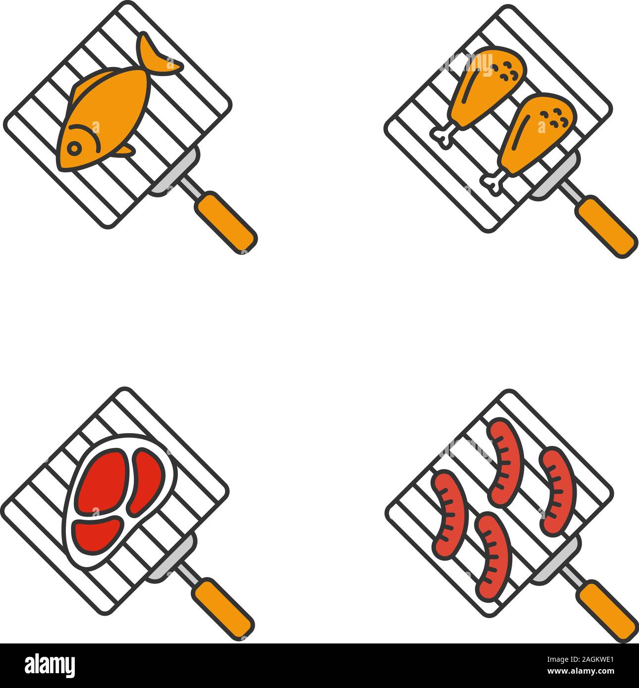 Barbecue color icons set. BBQ. Hand grills with fish, chicken ...