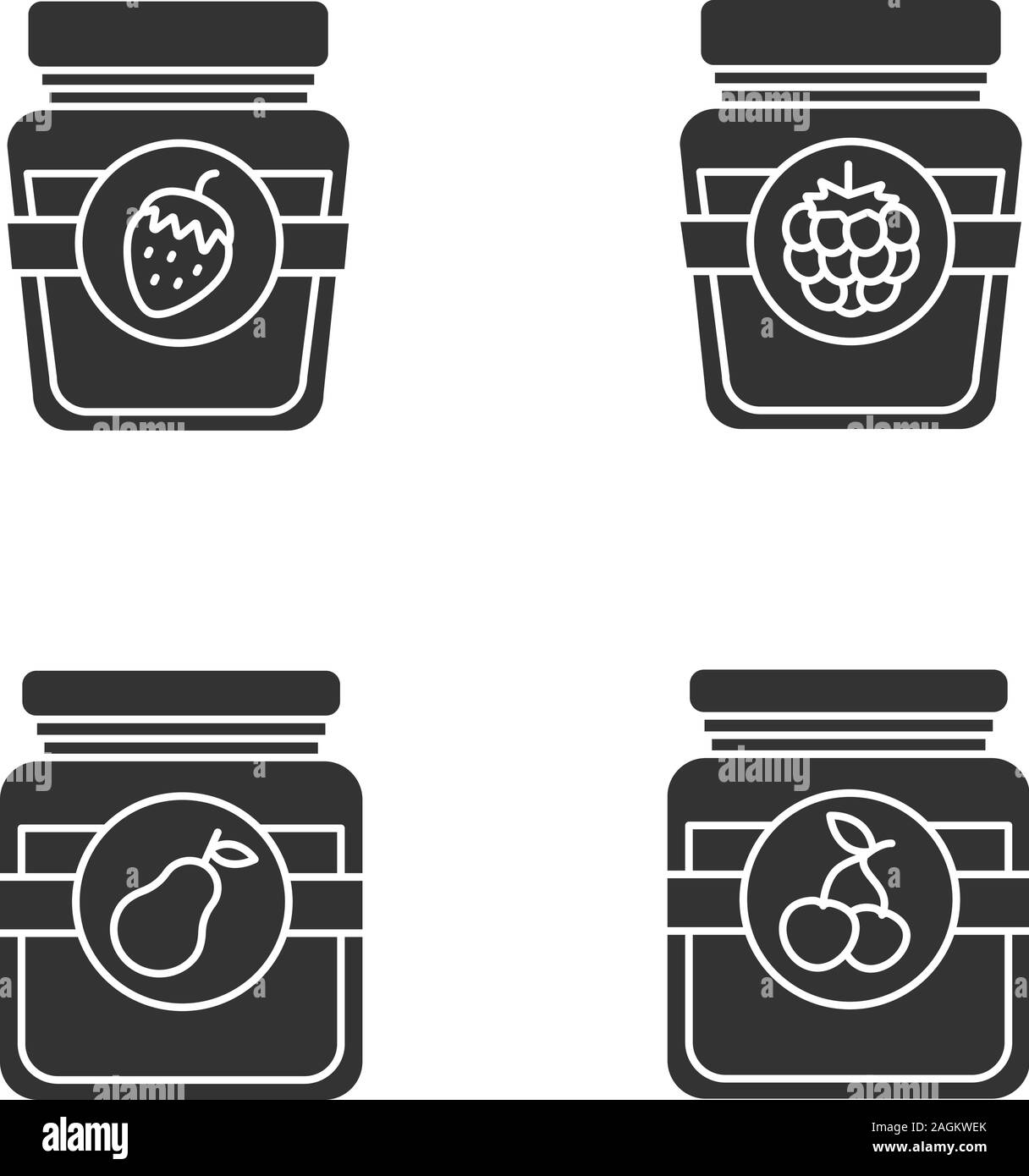 Fruit preserves glyph icons set. Pear, cherry, raspberry and strawberry ...