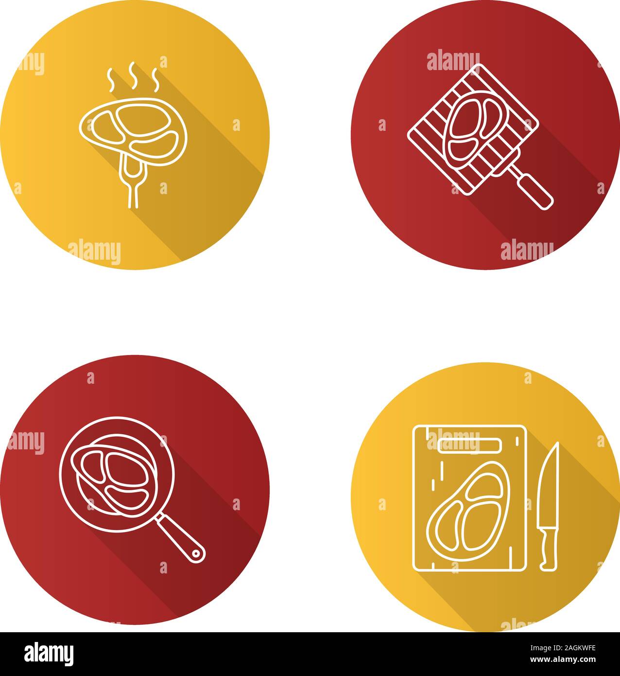 Meat preparation flat linear long shadow icons set. Grilling, frying ...