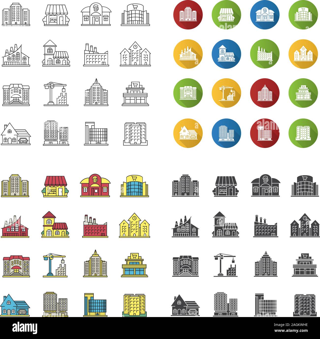 City buildings icons set. Facades. Town architecture. Linear, flat ...