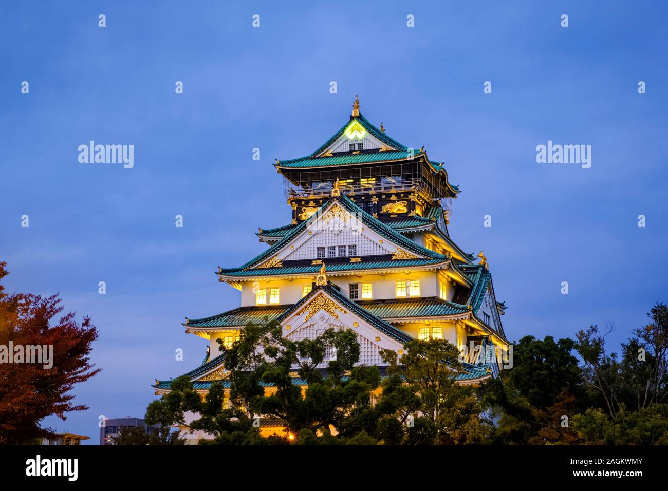 Osaka, Japan - November 10, 2019 : View of Osaka Castle Lit Up at Night ...