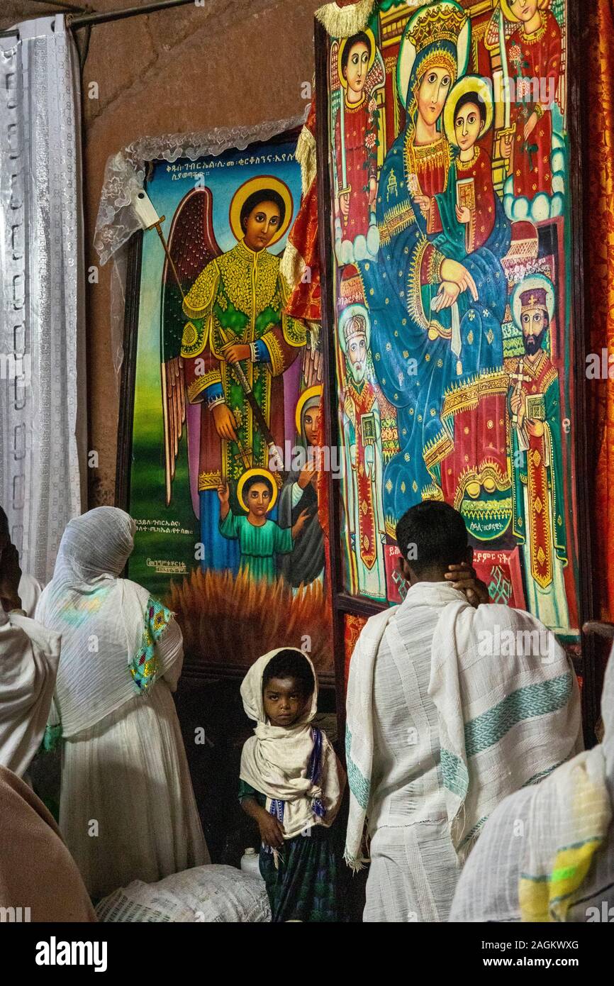 Ethiopia, Amhara Region, Lalibela, Bet Gabriel Rafael, worshippers ...
