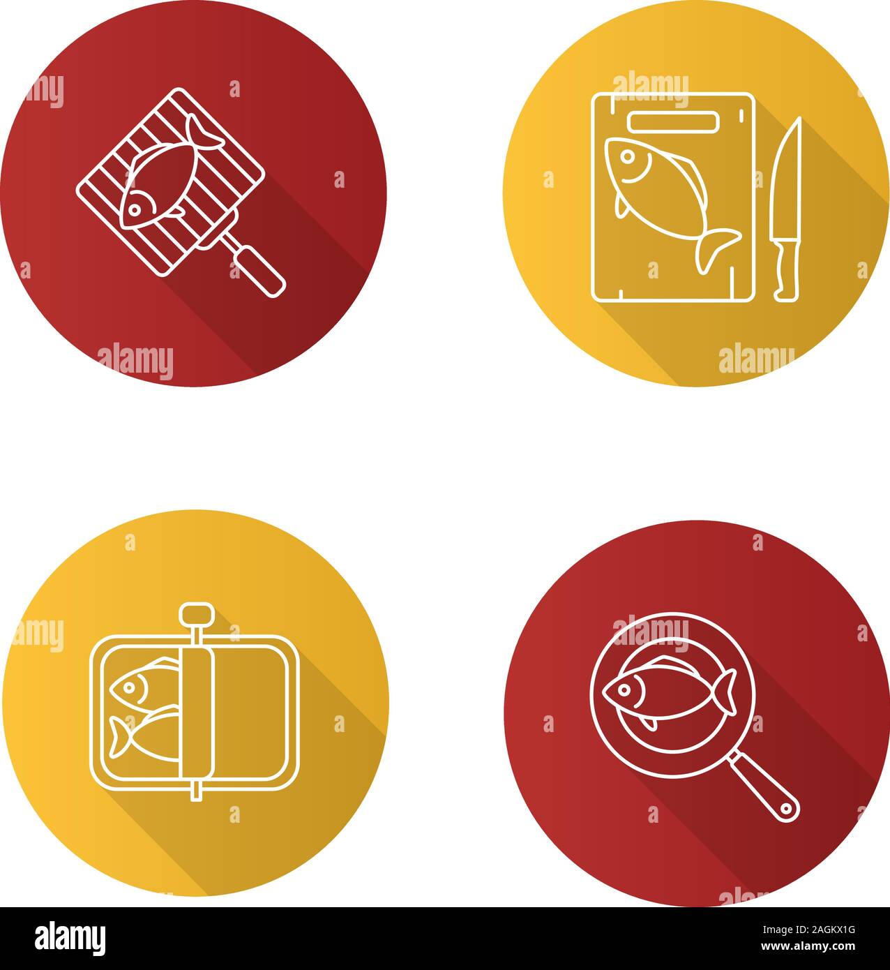 Fish preparation flat linear long shadow icons set. Canned, fried ...