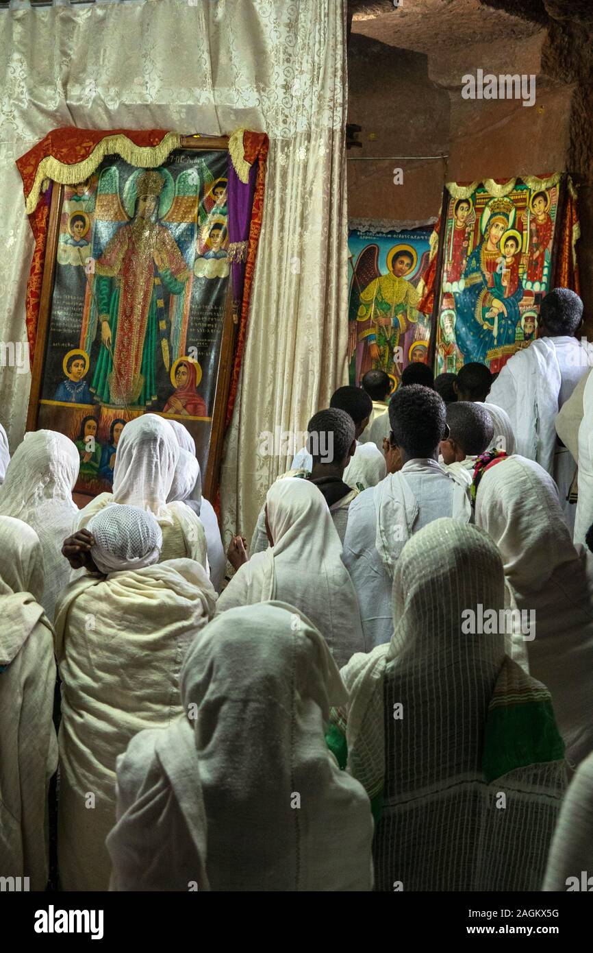 Ethiopia, Amhara Region, Lalibela, Bet Gabriel Rafael, worshippers ...
