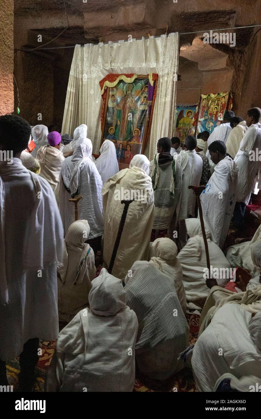 Ethiopia, Amhara Region, Lalibela, Bet Gabriel Rafael, worshippers ...