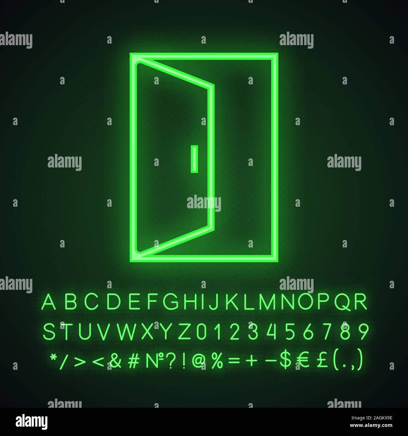 Door neon light icon. Exit, entrance. Glowing sign with alphabet ...