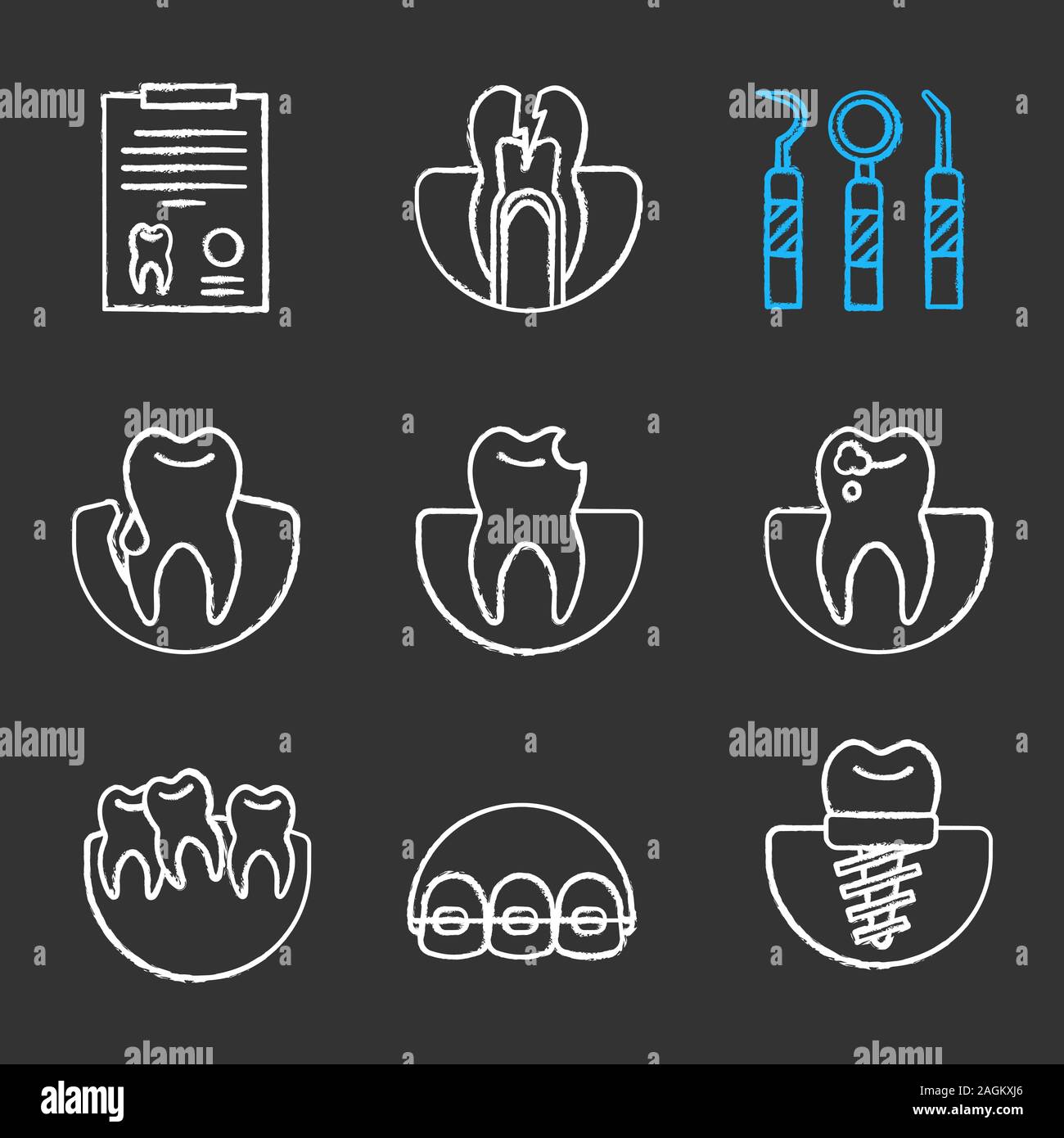 Dentistry chalk icons set. Medical report, toothache, dental ...