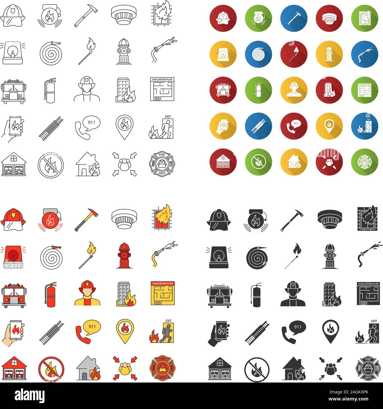Firefighting icons set. Linear, flat design, color and glyph styles ...