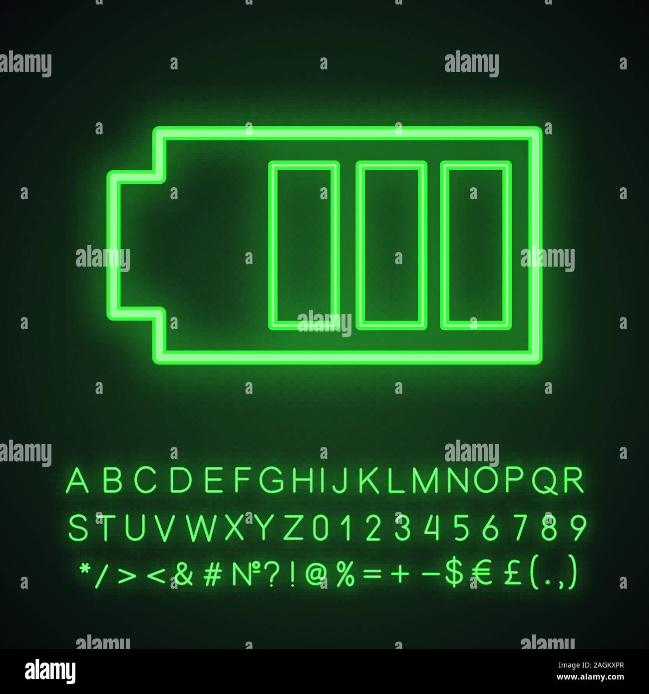 Battery charging neon light icon. Glowing sign with alphabet, numbers ...