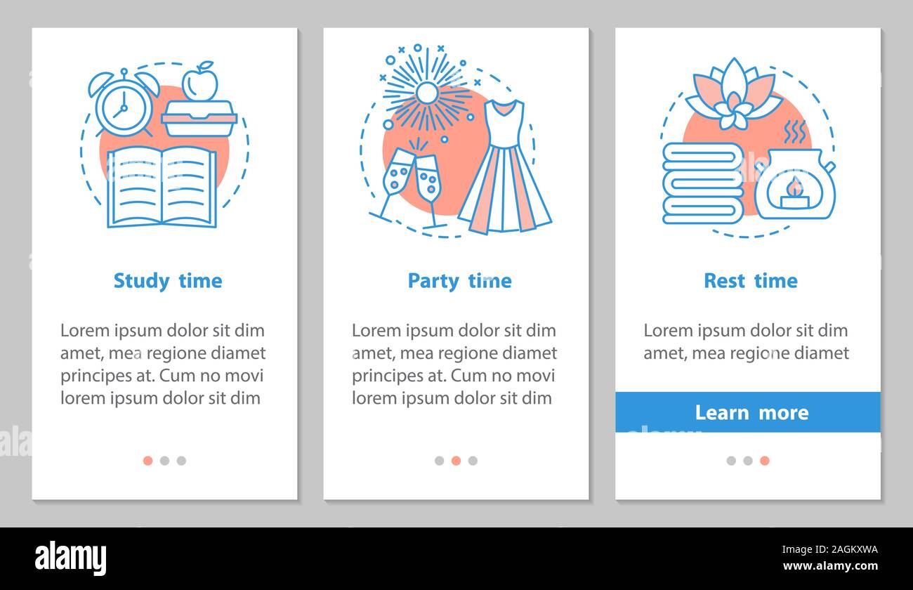 Study, party and rest time onboarding mobile app page screen with ...