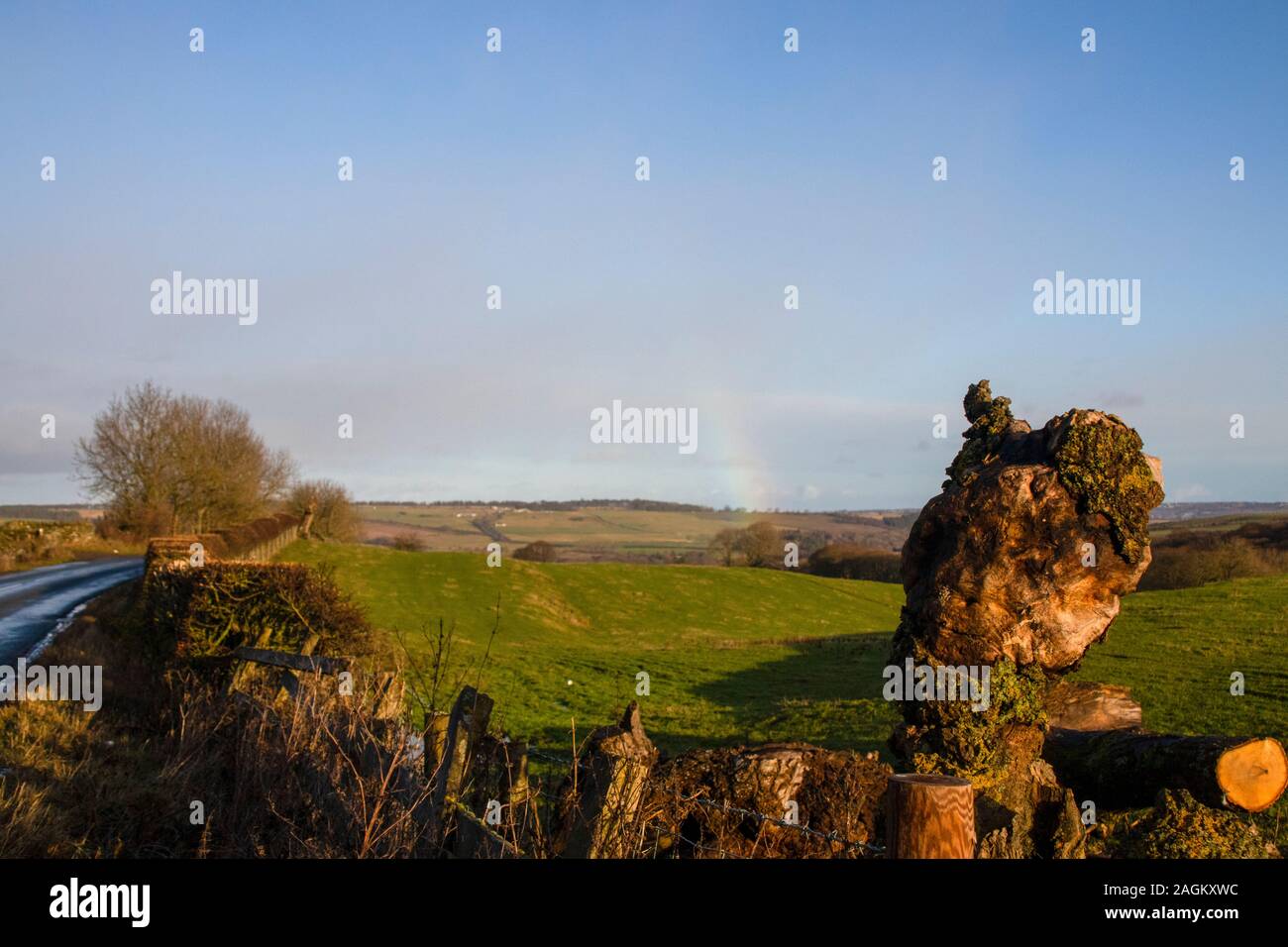 View to east across Weardale with rainbow Stock Photo - Alamy