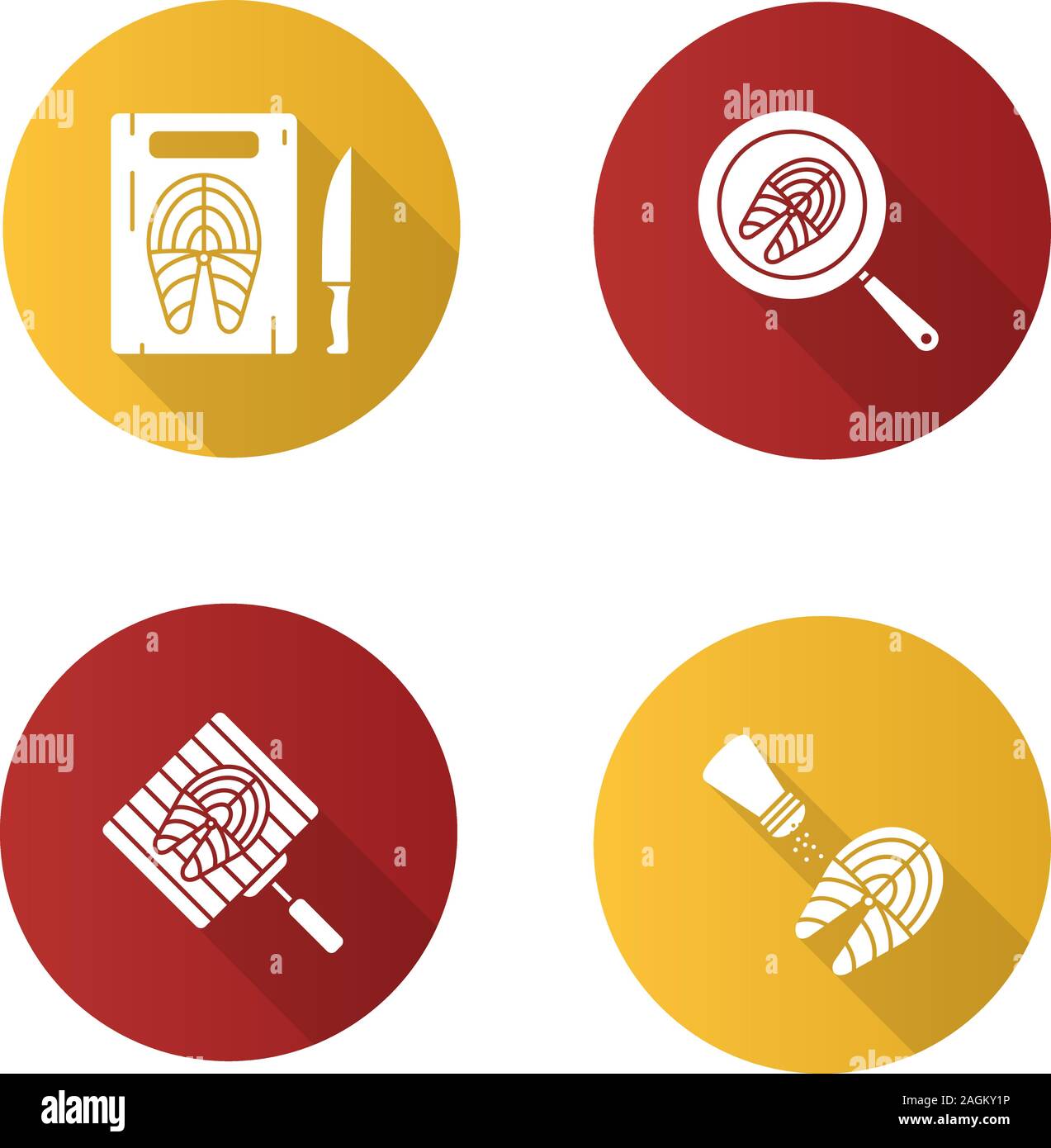 Fish preparation flat design long shadow glyph icons set. Cutting ...