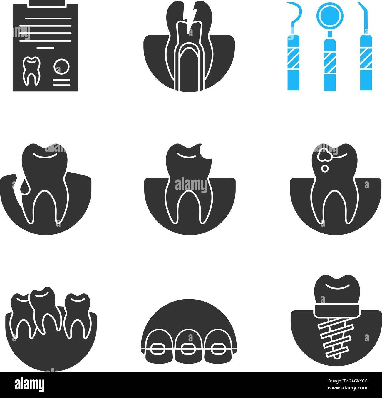 Dentistry glyph icons set. Medical report, toothache, dental ...
