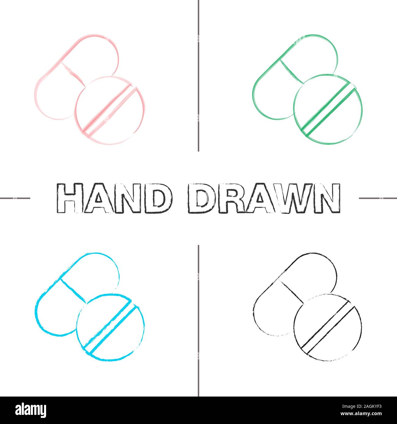 Pills hand drawn icons set. Medications. Color brush stroke. Isolated ...