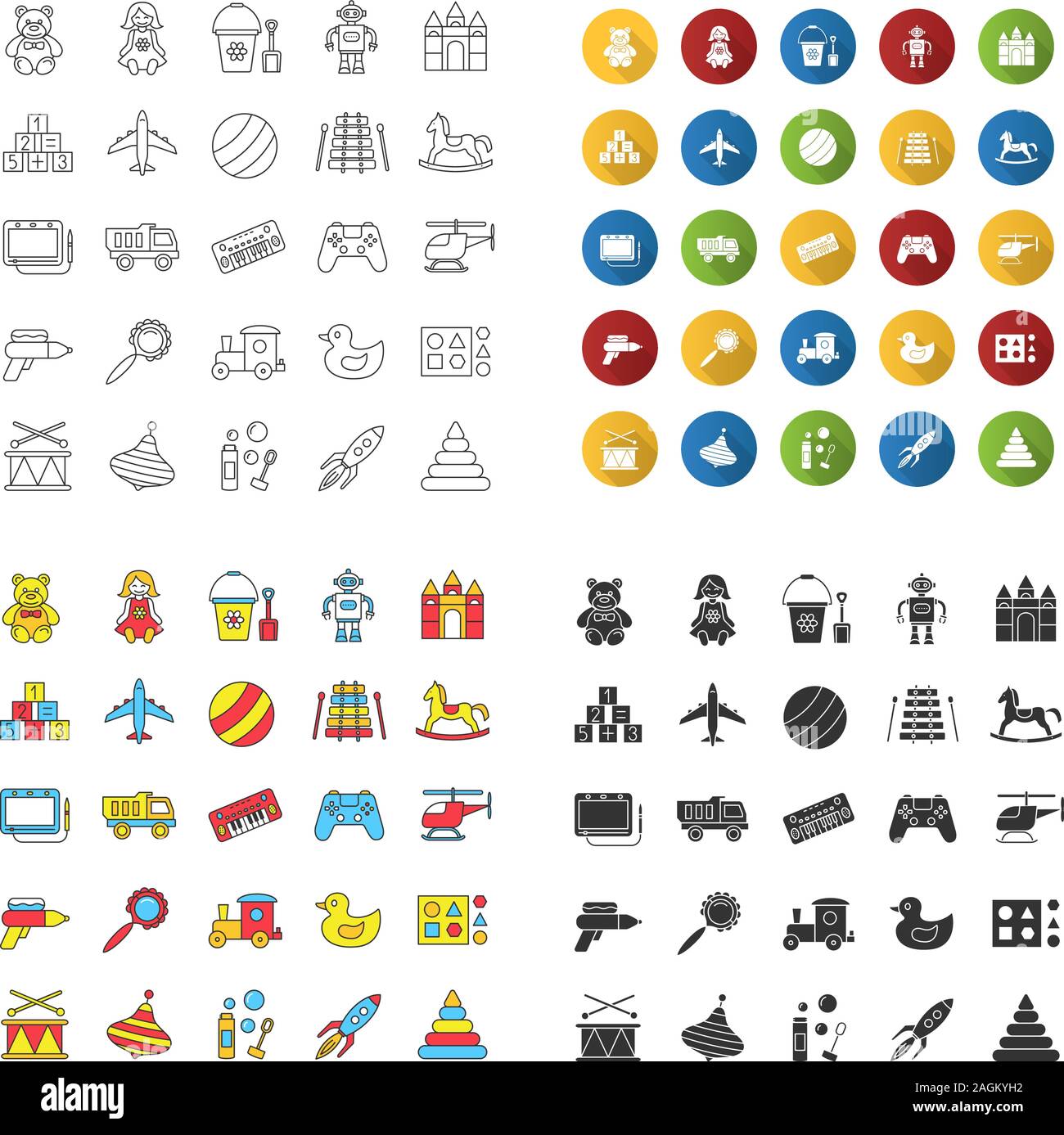 Kids toys icons set. Educational games. Children entertainment. Linear ...