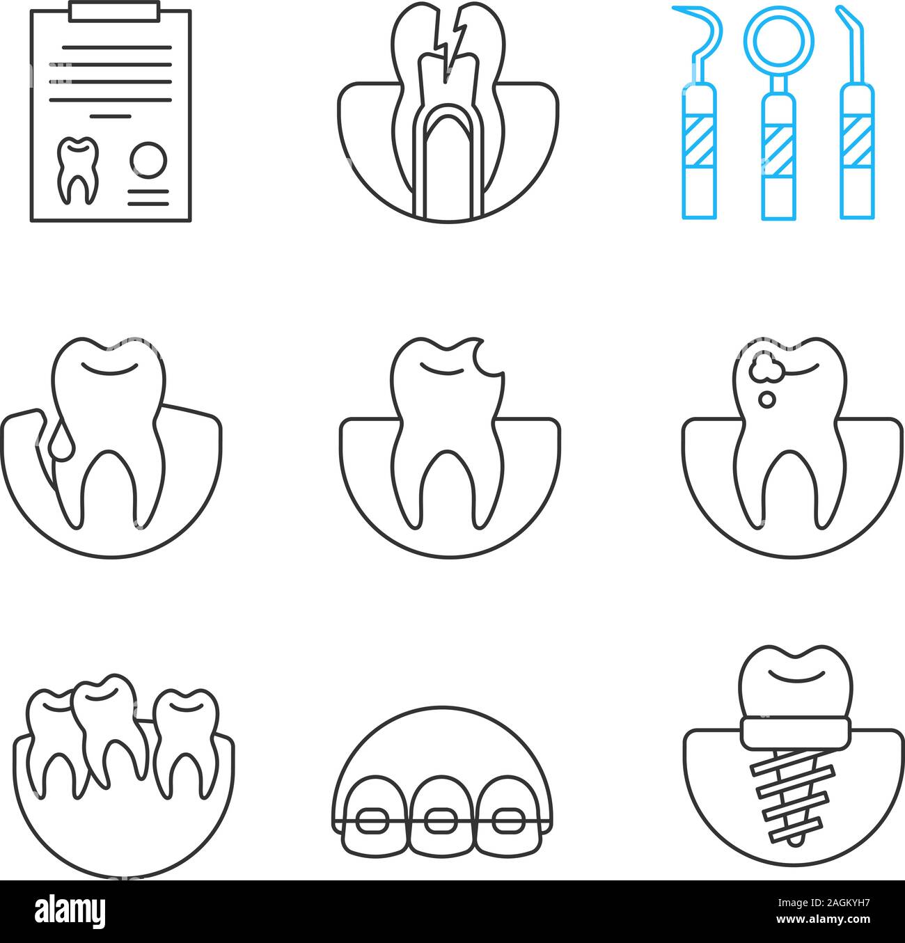 Dentistry linear icons set. Medical report, toothache, dental ...