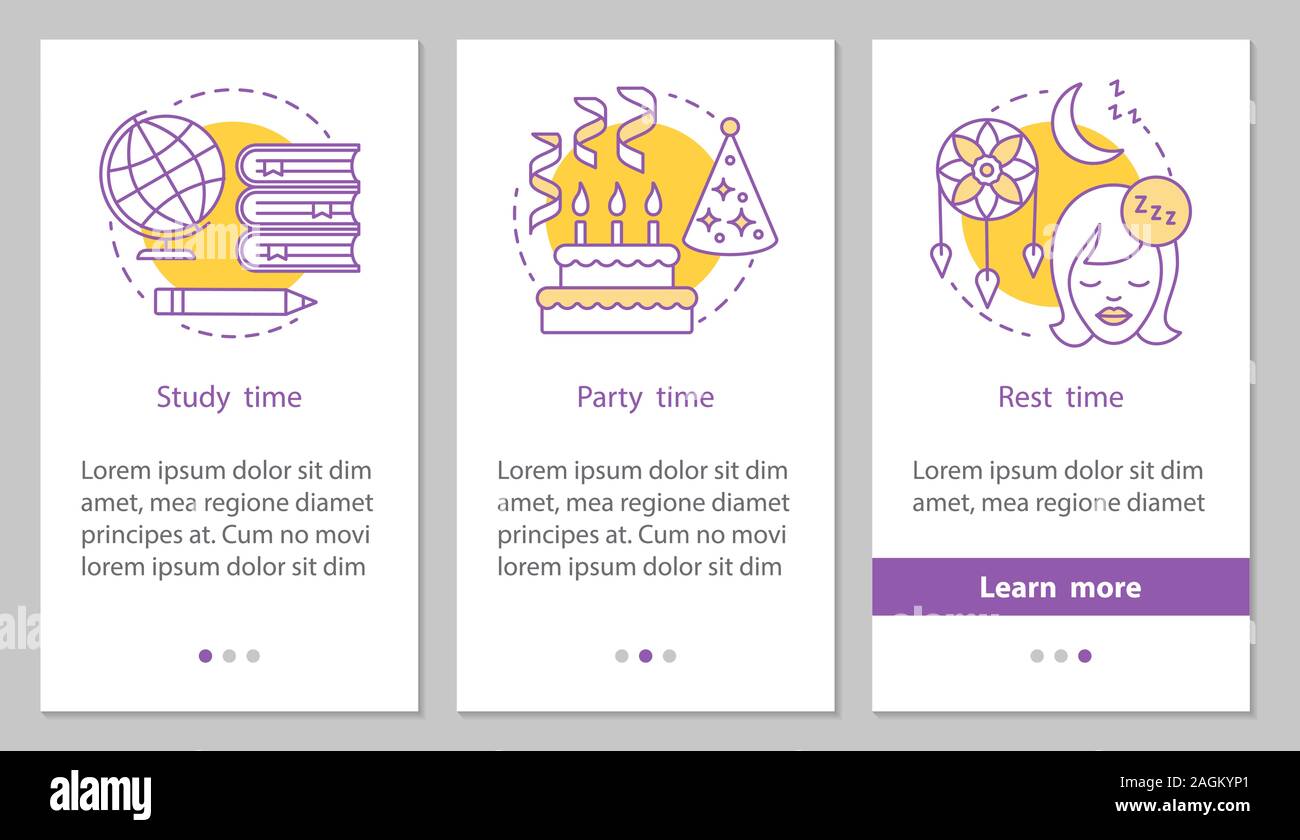 Study, party and rest time onboarding mobile app page screen with ...