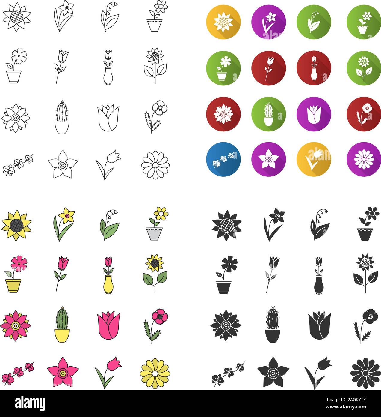 Flowers icons set. Garden, wild, house plants. Linear, flat design ...