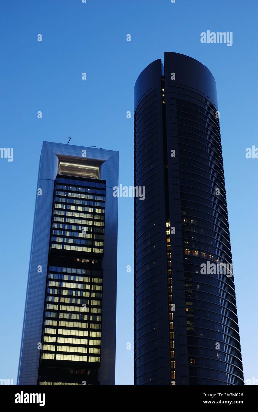 Sacyr Tower and Repsol Tower, night view. Madrid, Spain Stock Photo - Alamy