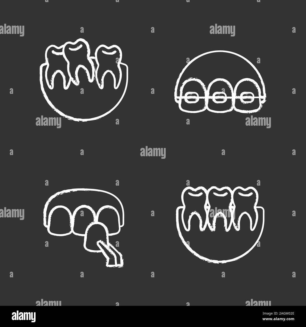 Dentistry chalk icons set. Stomatology. Crooked and healthy teeth ...
