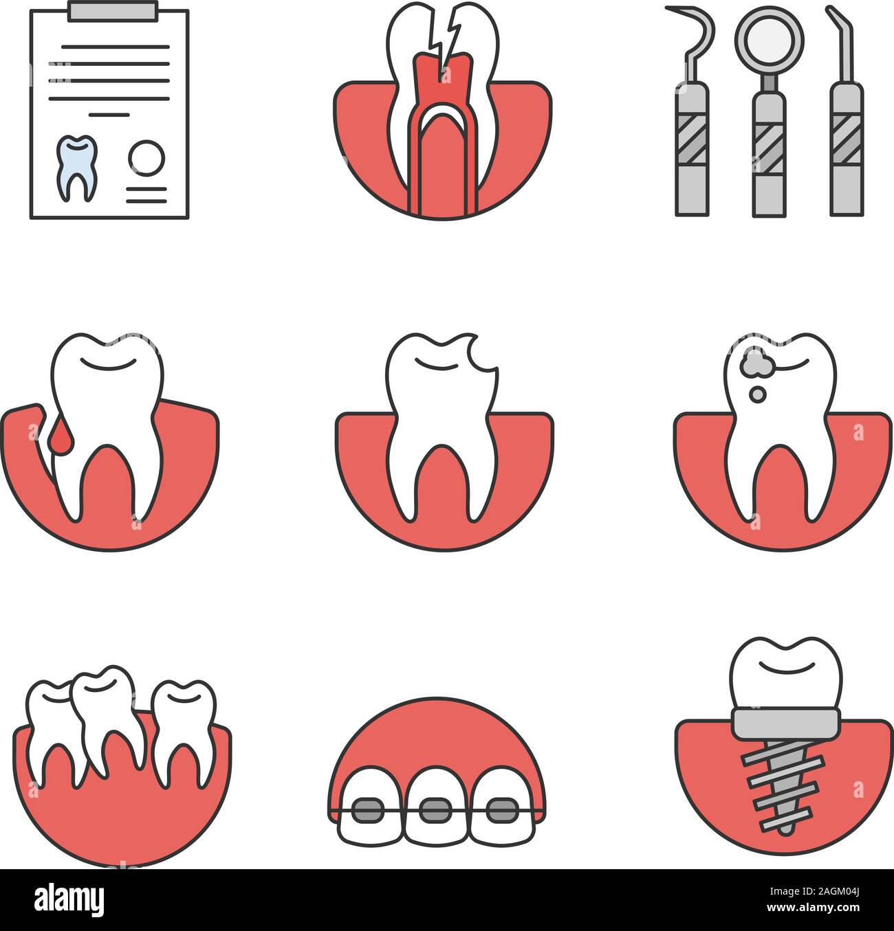 Dentistry color icons set. Medical report, toothache, dental ...