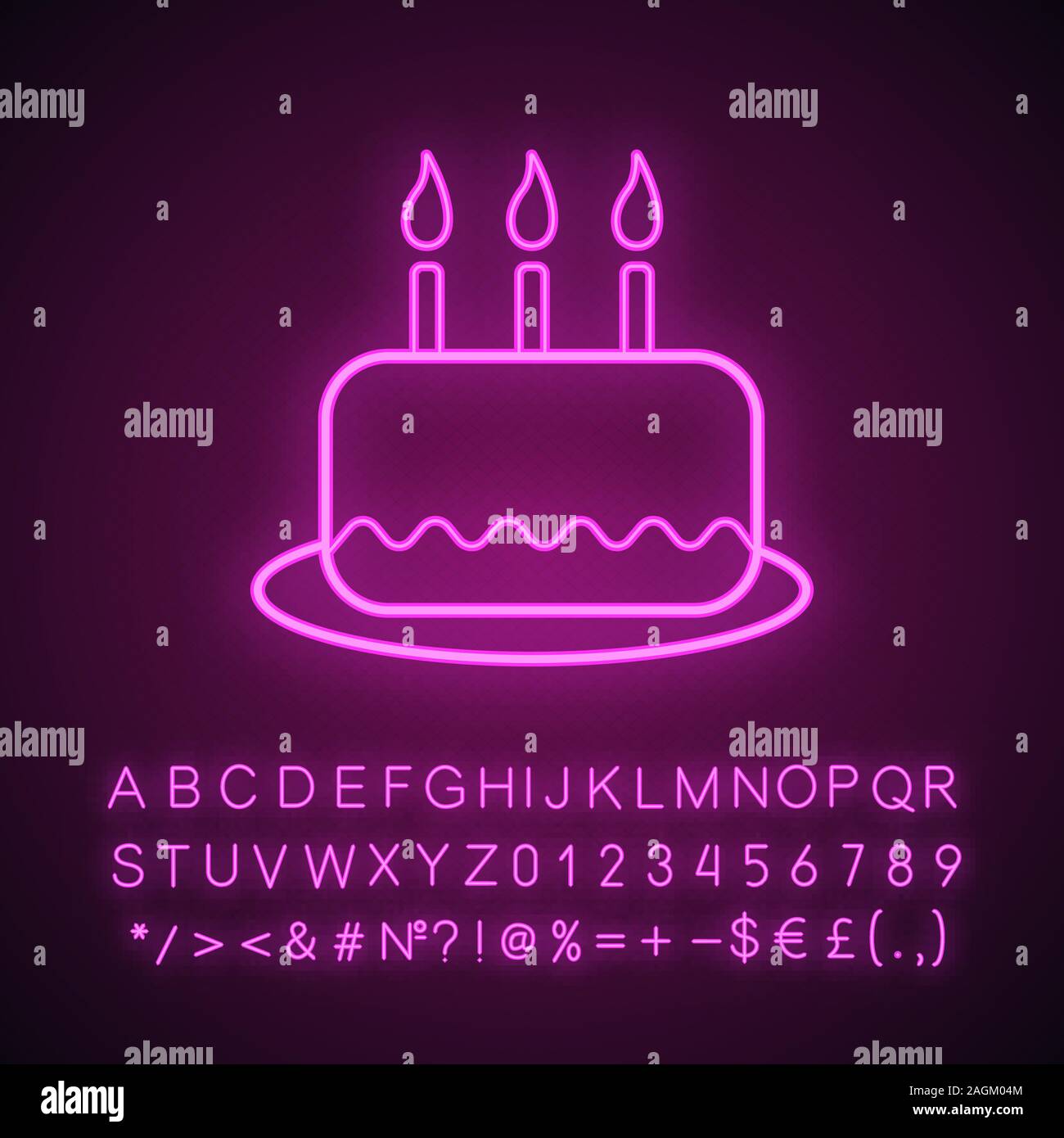 Birthday cake neon light icon. Glowing sign with alphabet, numbers and ...