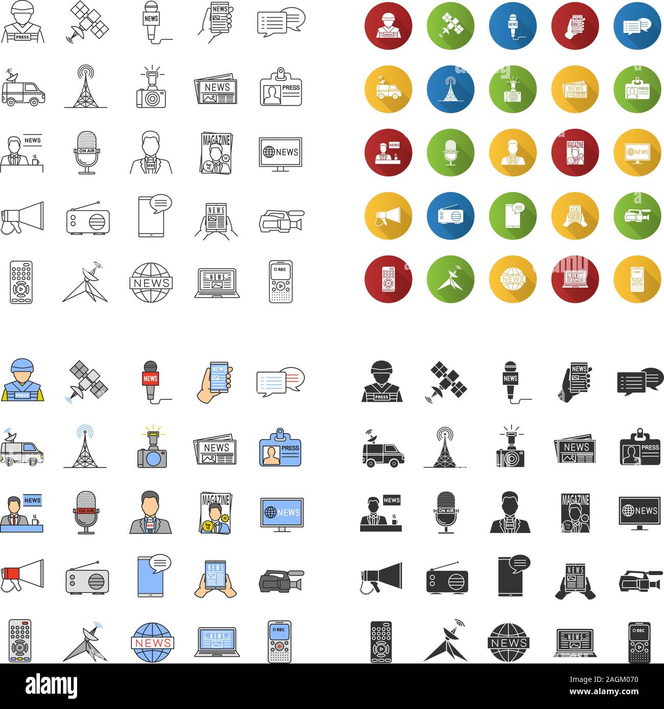 Mass media icons set. Press. Television, radio broadcasting. Linear ...