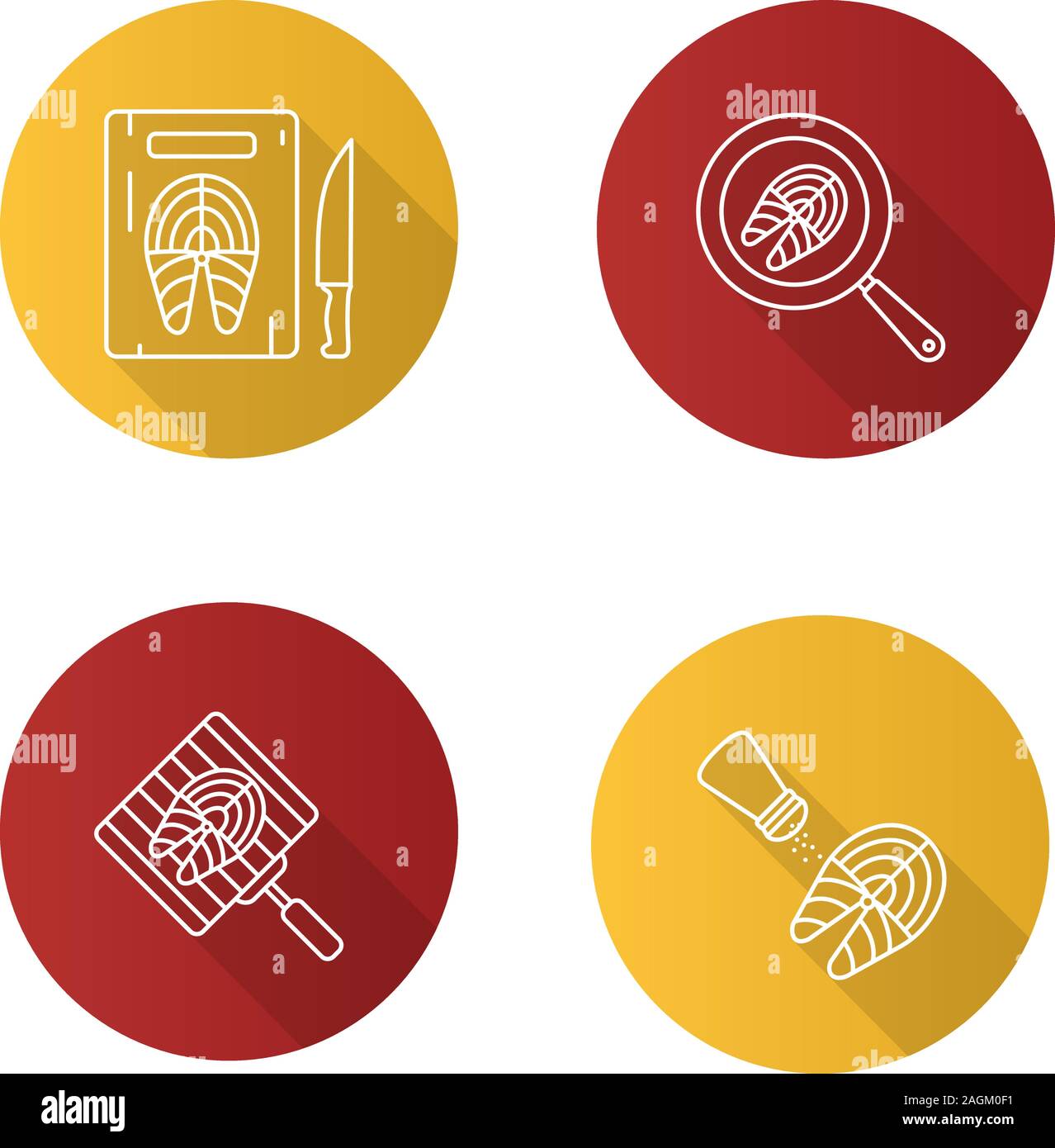 Fish preparation flat linear long shadow icons set. Cutting, frying ...