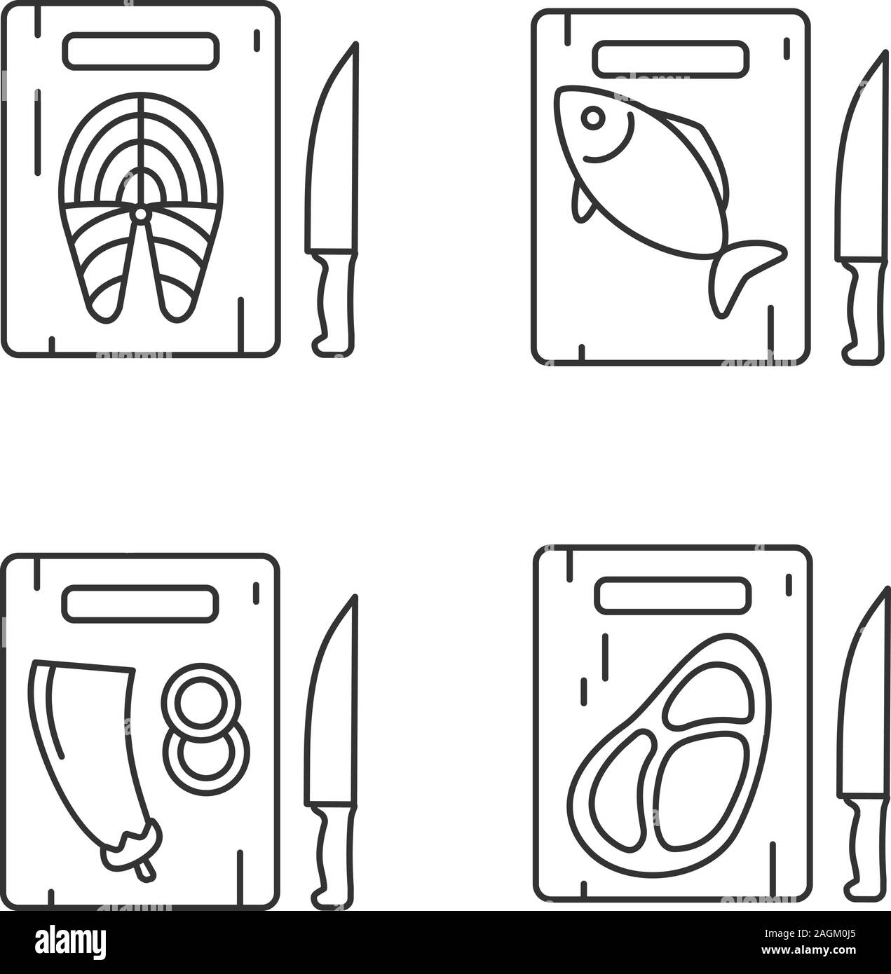 Food cutting linear icons set. Cutting boards with salmon fish ...