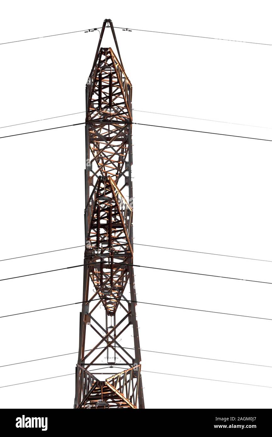 High tension electrical tower side faced, isolated on white Stock Photo ...