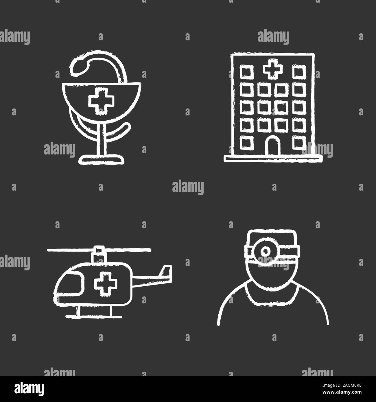 Dentistry chalk icons set. Hospital, doctor, medical helicopter, bowl ...