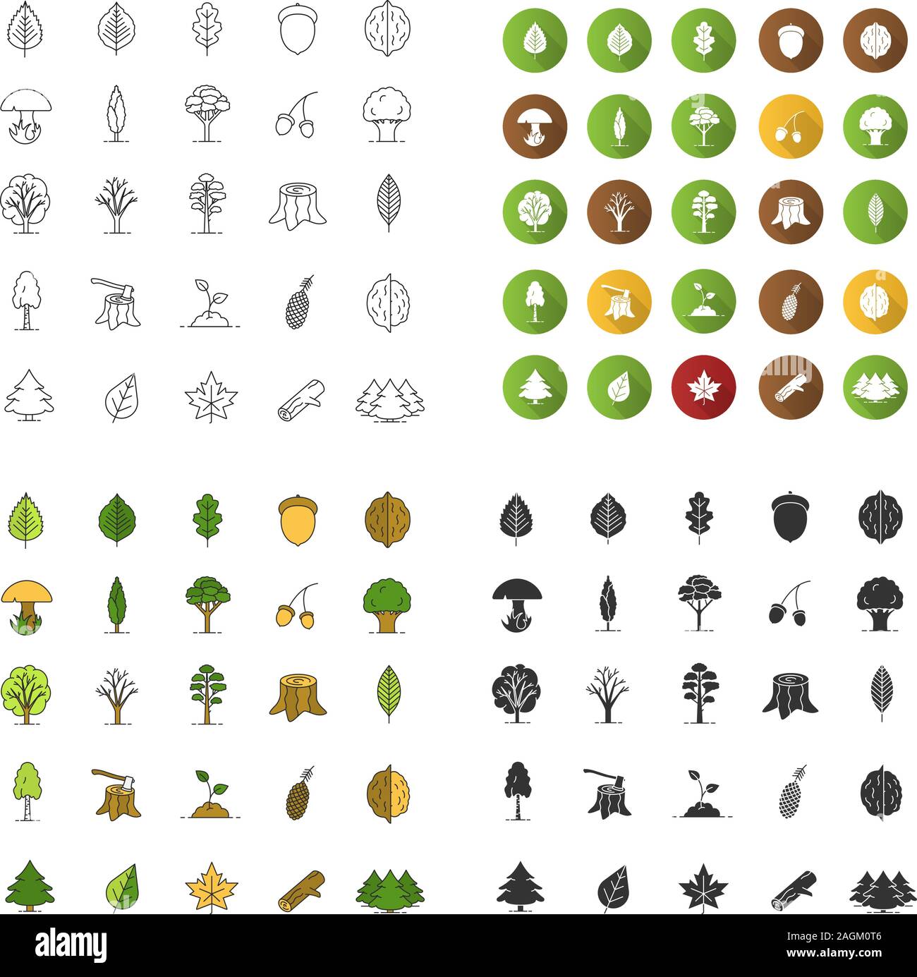 Tree types icons set. Forest, park. Forestry. Linear, flat design ...