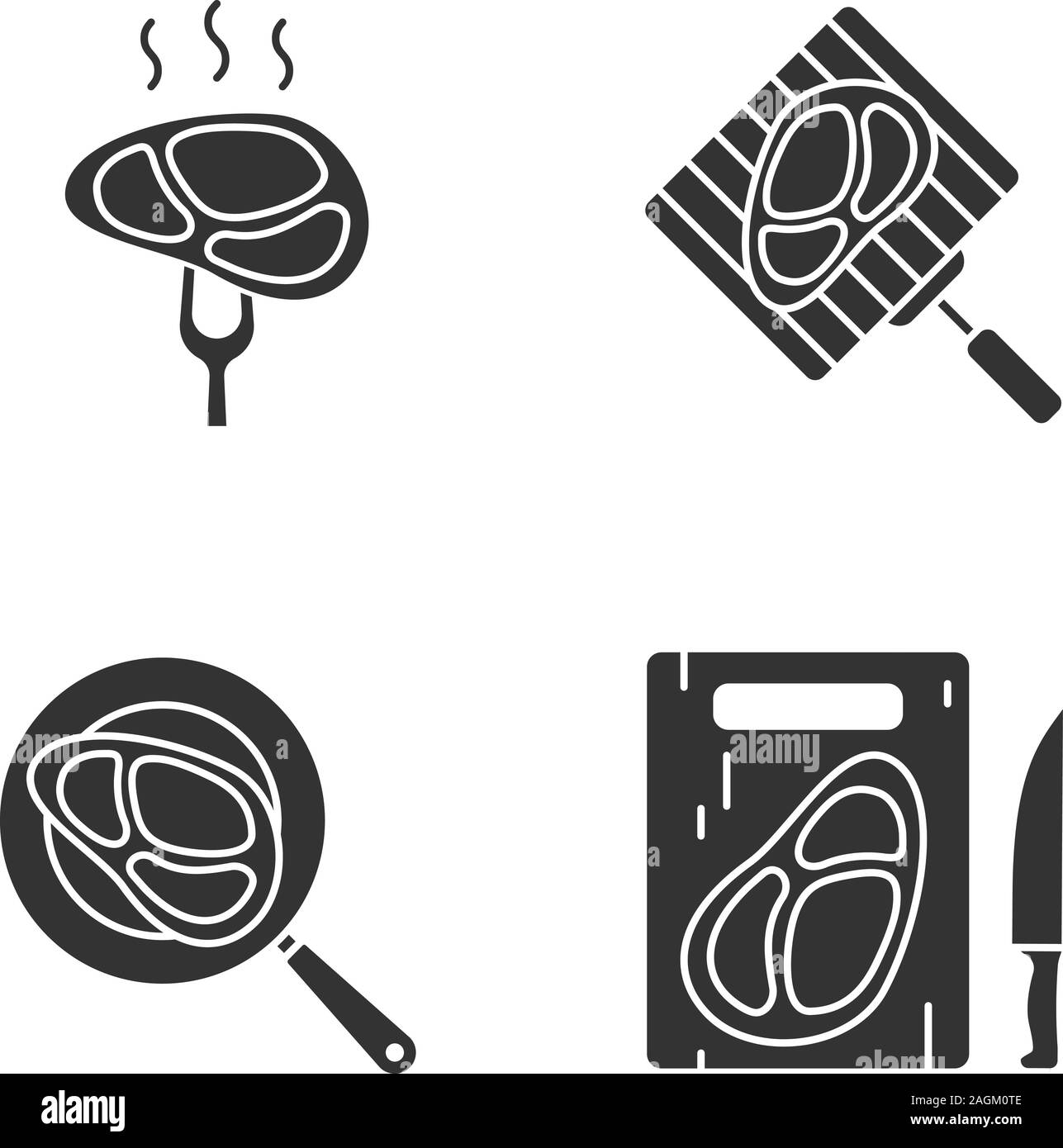 Meat preparation glyph icons set. Grilling, frying and cutting meat ...