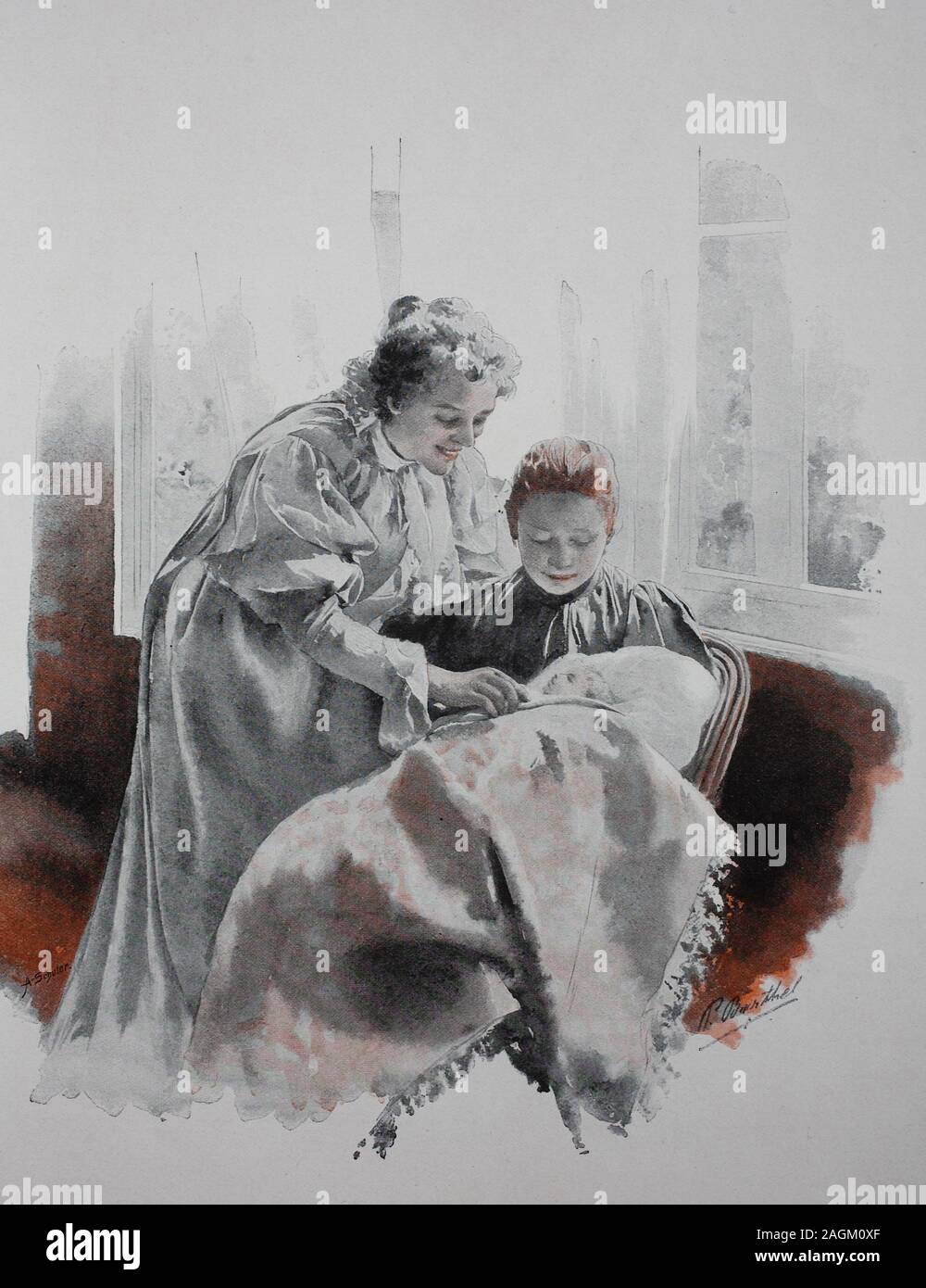 The son and heir, mother and grandmother with a baby, original print ...